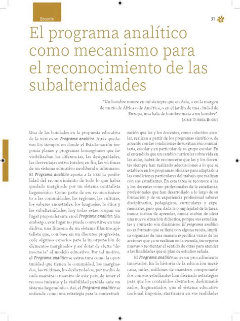 Programa Analitico Como Mecanismo Para El Reconocimiento De Las