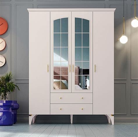 ארון בגדים 4 דלתות 2 מגירות ומראה ברוחב 140 סמ דגם רוז לבן