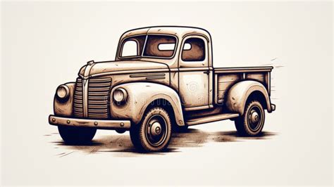 Vintage Wooden Drawing Illustration Of Old Pickup Truck Stock