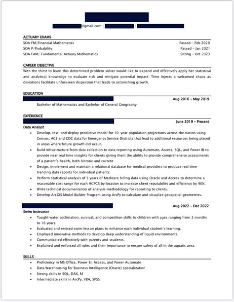 Updated Resume Review Entry Level Actuary Analyst Thank You All For