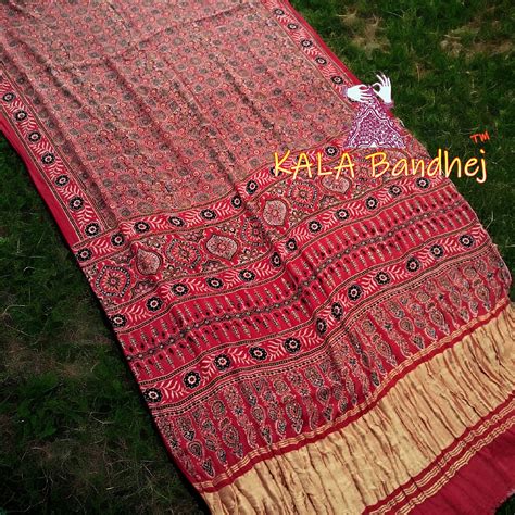 Red Ajrak Saree Pure Modal Silk Hand Block Natural Gold Boder