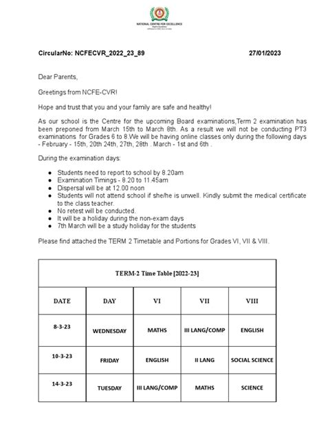 1 Circular Timetable And Portions Grades 6 To 8 Term 2 2022231 Pdf