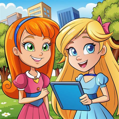 Premium Vector A Cartoon Image Of Two Girls With A Laptop And The