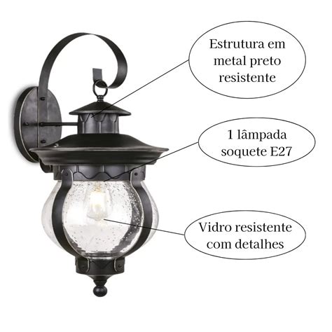 Arandela Colonial Vintage Preta Alymos 1l Compre Luz