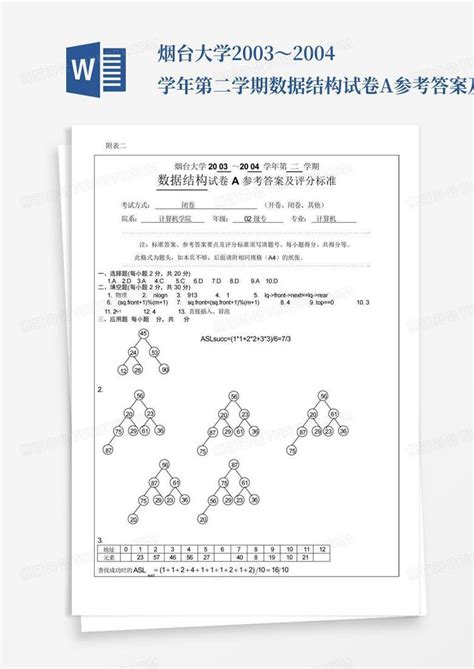 烟台大学2003～2004学年第二学期数据结构试卷a参考答案及评分 文 word模板下载 编号qebvgokw 熊猫办公