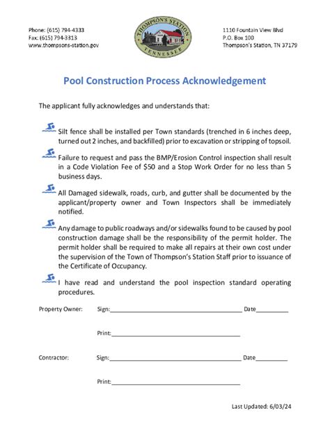 Fillable Online Pool Construction Process Acknowledgement Standards 2024 Fax Email Print