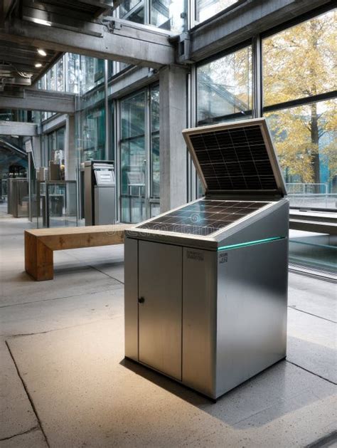 Solar Powered Garbage Bin Compactor In An Eco Futuristic Urban Setting With Modern Architecture