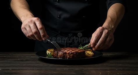 Grilled Steak Presentation A Dark Moody Culinary Image Stock