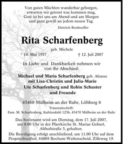 Traueranzeigen Von Rita Scharfenberg Trauer In Nrw De
