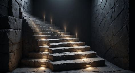 Stairs Leading To A Dark Room With A Lit Light On The Right Premium