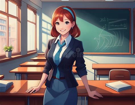Anime Teacher Portrait Woman In Classroom School Illustration With
