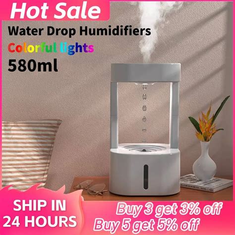 580ml 안티 중력 워터 드롭 가습기 3 가지 모드 공중 부양 물방울 초음파 쿨 미스트 메이커 안개 제조기 Led 야간 조명