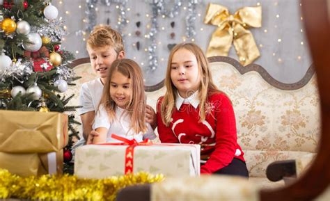Two Girls And Boy On Sofa In Christmas Interior Stock Image Image Of