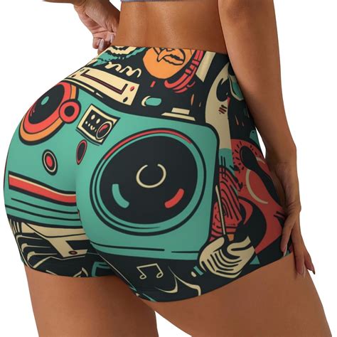 Uemuo Retro Pop Art Collage Pattern Women Workout Impact Shorts Scrunch