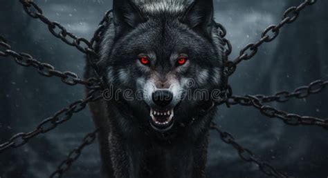Captive Fury A Glaring Wolf Confined By Rusting Chains In A Dark