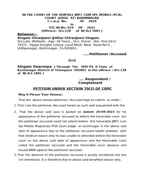 Nbw Recall Section 70 2 Of Crpc Of Singam Chiranjeevi 2 Of Stc Ni 919 Of 2022 Pdf
