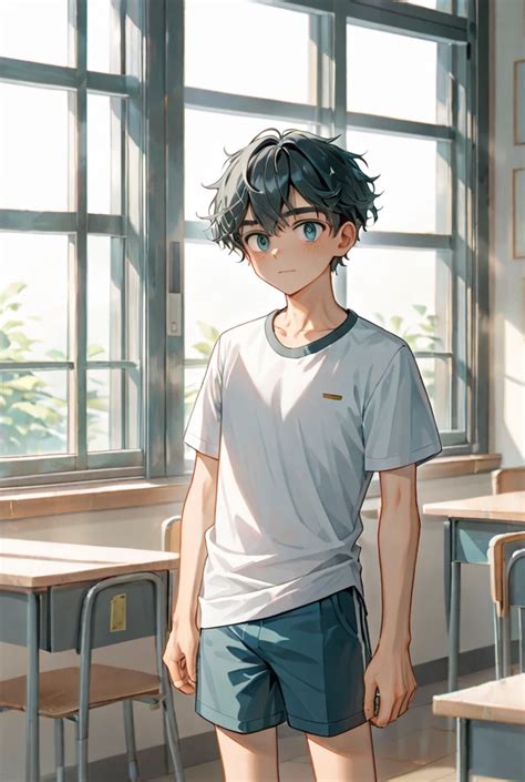 A Elementary Boy Anime Style With Short Messy Black Hair And Large