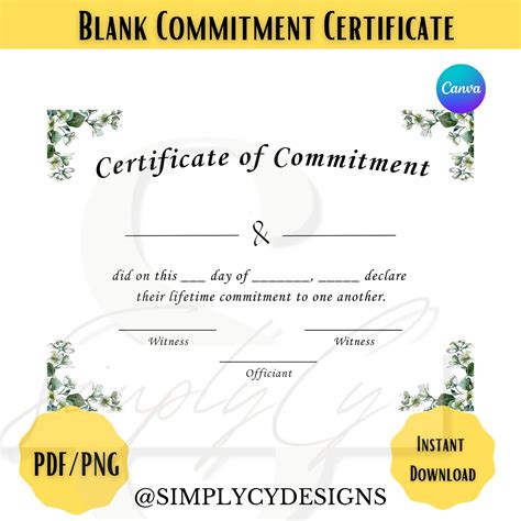 Commitment Ceremony Certificate Template Digital Download Blank Commitment Certificate