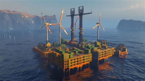 Offshore Wind Farm Platform With Wind Turbines And Container Storage