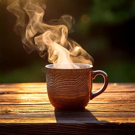 Steaming Hot Coffee Cup On A Wooden Table In The Sunlight Stock