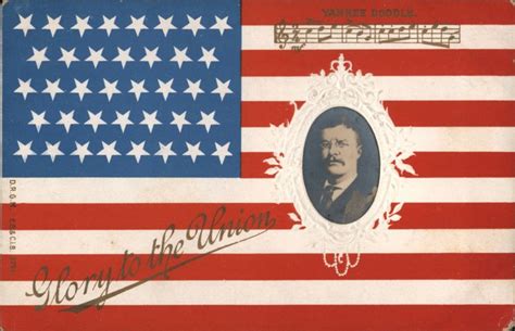 Theodore Roosevelt Portrait On Us Flag Yankee Doodle Music Postcard