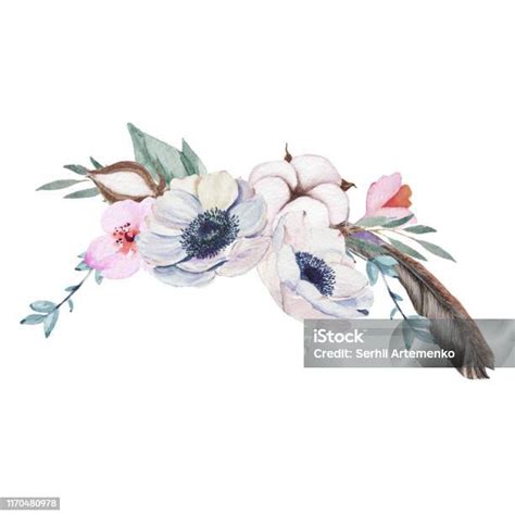수채화 모란 면 야생 화 꽃다발 예술적 잎 꽃과 가지 조합 손으로 그린 식물 그림 흰색 배경에 고립 된 꽃 Posy 가을에 대한 스톡 벡터 아트 및 기타 이미지 Istock