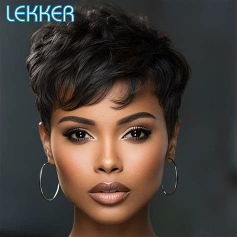 Lekker Natural Black Short Pixie Cut Bob 100 Human Hair Wigs For Women