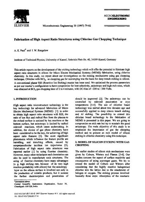Pdf Fabrication Of High Aspect Ratio Structures Using Chlorine Gas