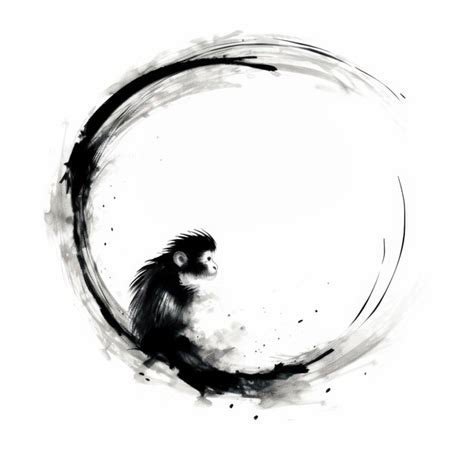 Monkey Head Chinese Zodiac Circle Black Ink Premium Ai Generated Image