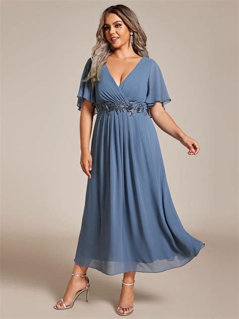 Plus Size V Neck Chiffon Wedding Guest Dress Adorned With Waist