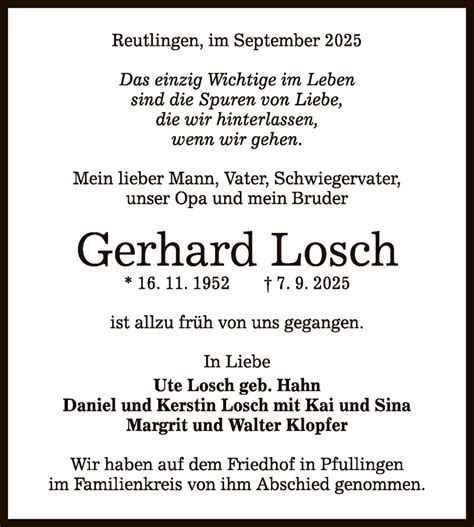 Traueranzeigen Von Gerhard Losch Trauergeade