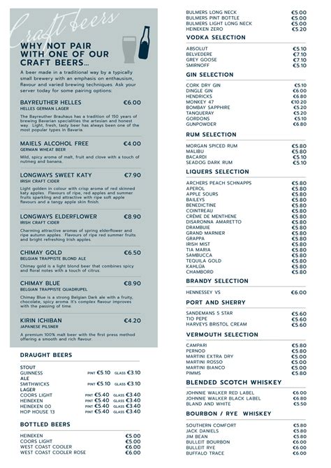Drinks Menu Killaloe Hotel And Spa