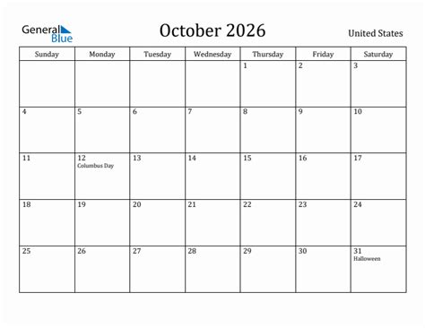 October 2026 Monthly Calendars With United States Holidays