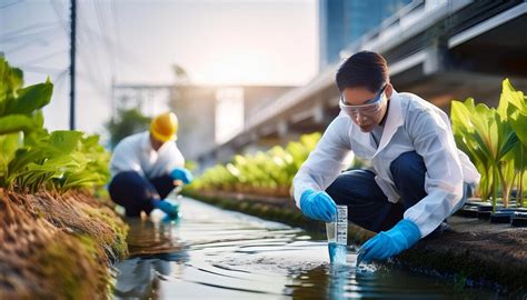 Environmental Scientists Taking Water Samples From Urban Bioswale
