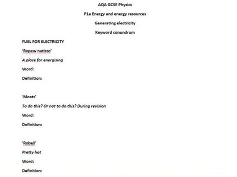 GCSE AQA Physics Keyword Revision Teaching Resources GCSE AQA Physics Keyword Revision Teaching Resources