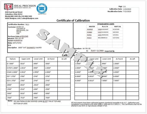 Optional Long Form Certification For Micrometers From 1 Up To 6