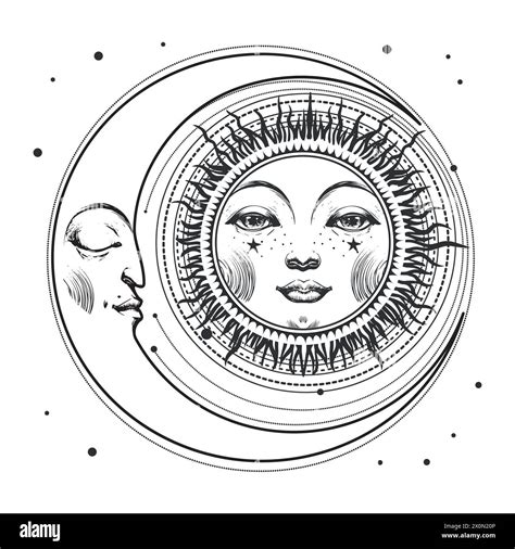 Sun With Face And Crescent Moon Mystical Boho Illustration Astrology