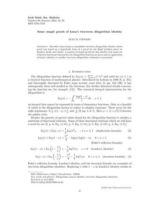 Pdf Some Simple Proofs Of Limas Two Term Dilogarithm Identity