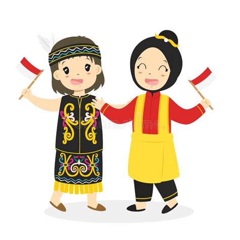 Kinder Im Dayak Trachtenkleid Karikatur Vektor Vektor Abbildung