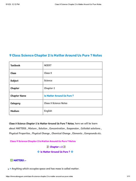 Class 9 Science Chapter 2 Is Matter Around Us Pure Notes Pdf Pdf Mixture Chemical Substances