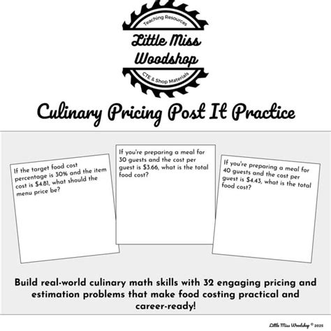 Culinary Pricing Post It Practice No Prep Food Cost And Menu Math For Culinary