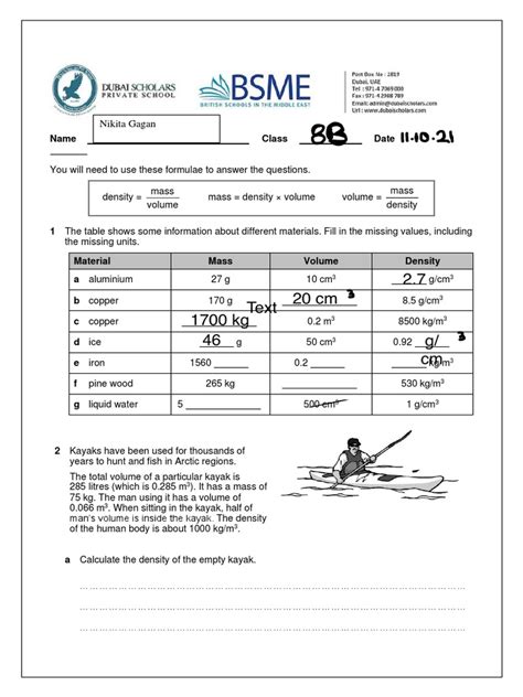 Density Calculations Worksheet 8b Pdf