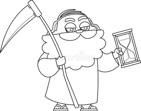 Outlined Father Time Man Cartoon Character With Scythe Showing A Clock