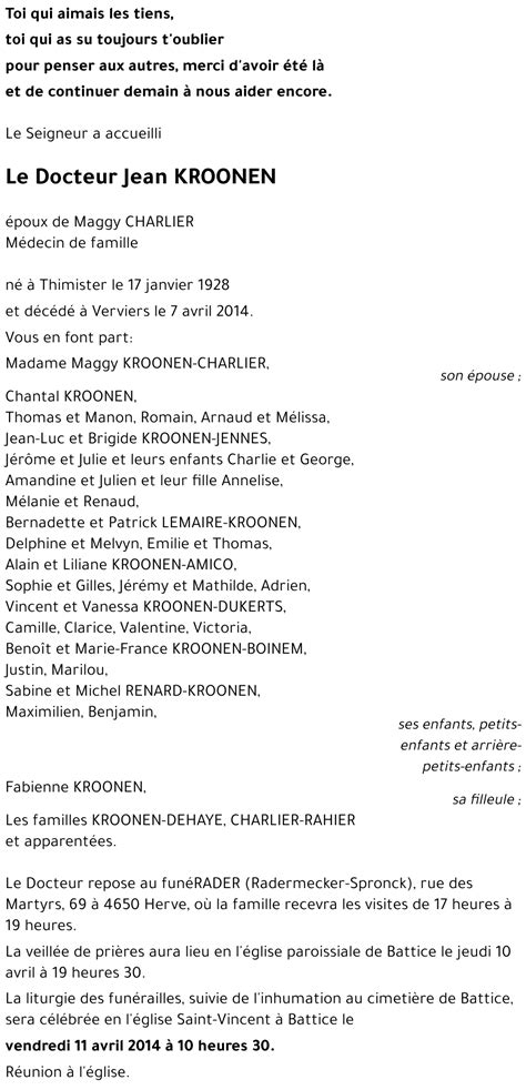 Avis De Décès De Jean Kroonen Décédé Le 07 04 2014 à Verviers Annonce Condoléances Fleurs