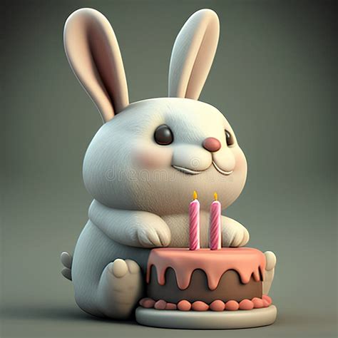 Cute Easter Bunny With Cake On A Gray Background 3d Rendering Stock Illustration Illustration