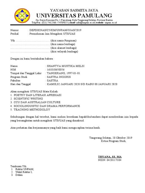 Permohonan Ijin Mengikuti Ujian Pdf
