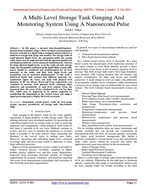 PDF A Multi Level Storage Tank Gauging And Monitoring System Using A Nanosecond Pulse