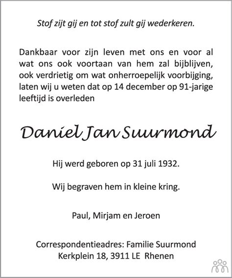 Daniel Jan Daan Suurmond 14 12 2023 Overlijdensbericht En Condoleances Mensenlinq Nl