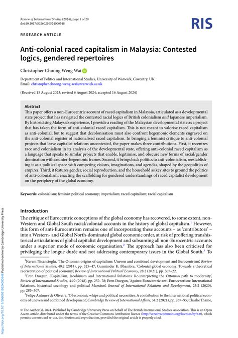 Pdf Anti Colonial Raced Capitalism In Malaysia Contested Logics