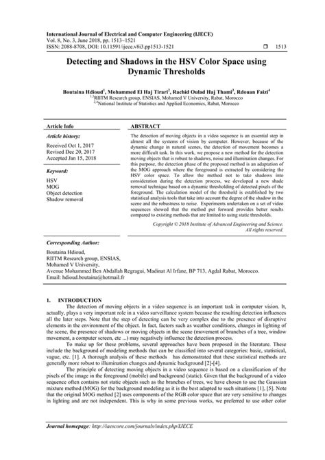 Detecting And Shadows In The Hsv Color Space Using Dynamic Thresholds Pdf